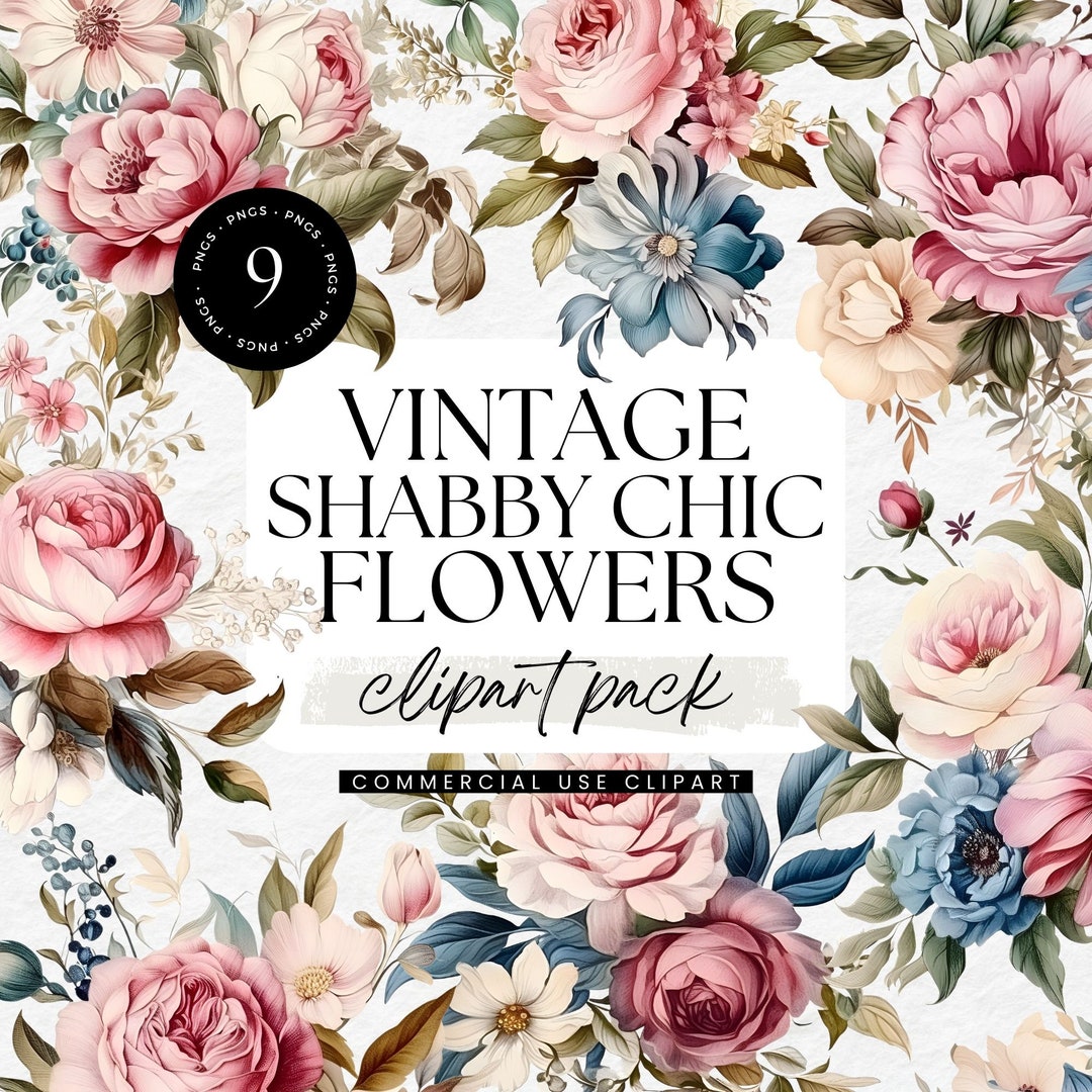 Vintage Shabby Chic Flowers Clipart, Watercolor Floral Pack, Botanical ...
