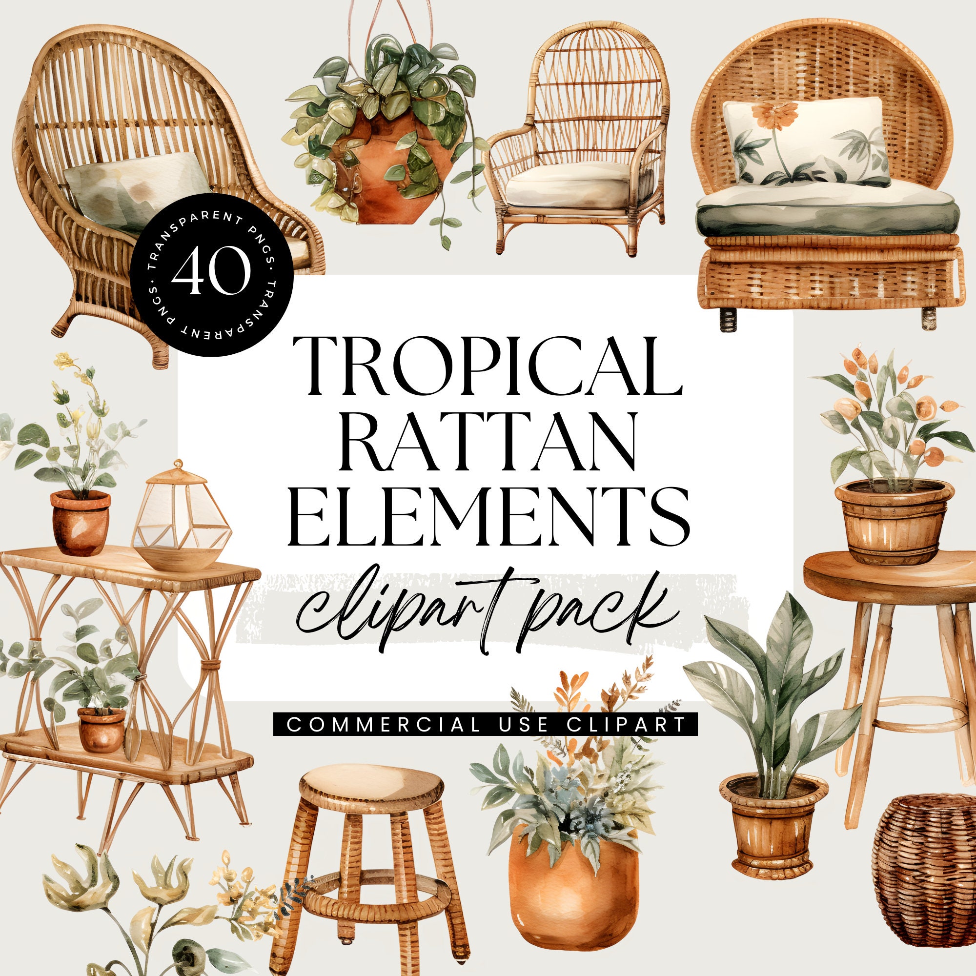 Tropical Rattan Decor, Watercolor Clipart Pack, Transparent Pngs ...