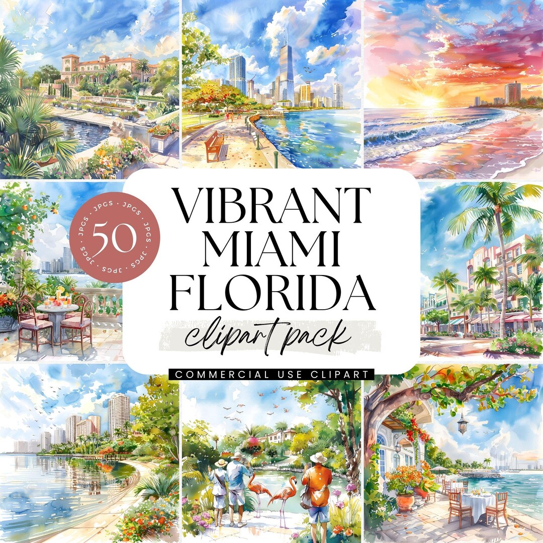 Miami Clipart Pack, Florida Travel Art, Watercolor Beach City ...