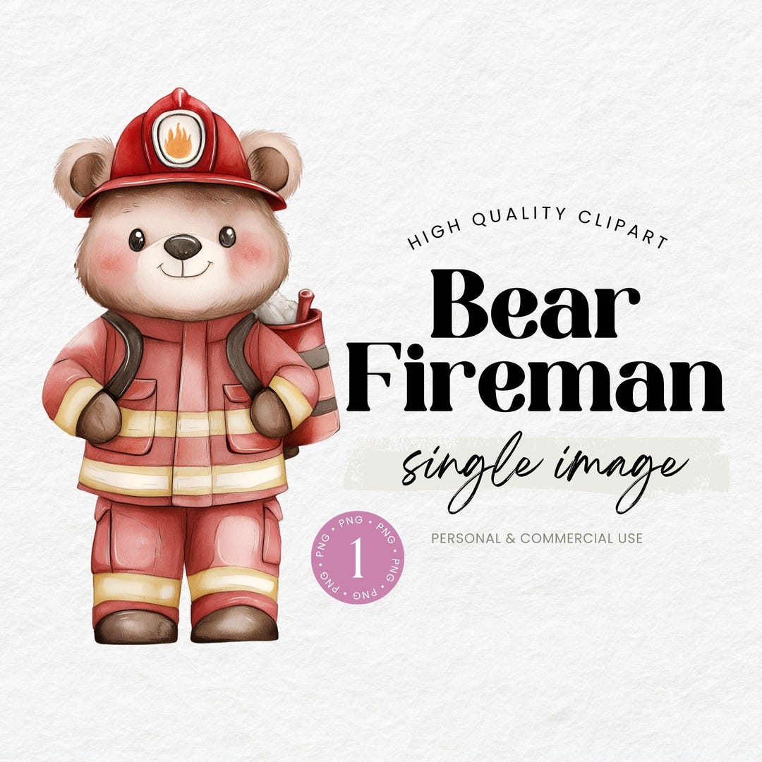 Firefighter Bear Clipart, Watercolor Bear Fireman, Sound the Alarm ...