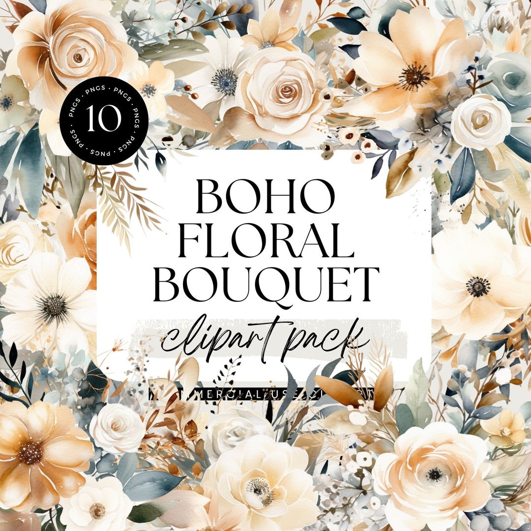 Boho Floral Bouquet Clipart, Watercolor Clipart Pack, Dried Flowers ...