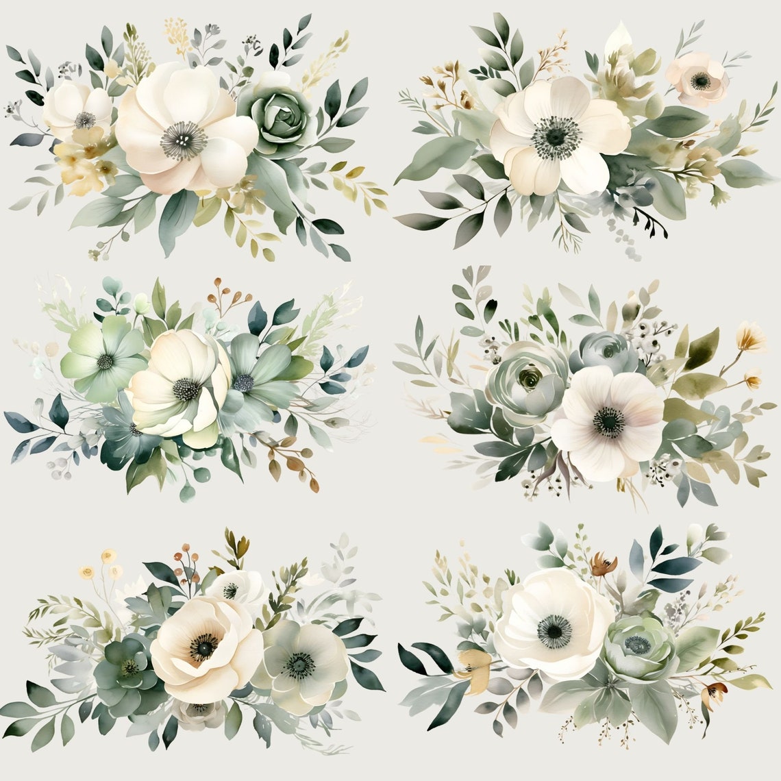 Sage Green Flower Clipart, Floral Watercolor Clipart Pack, Transparent ...