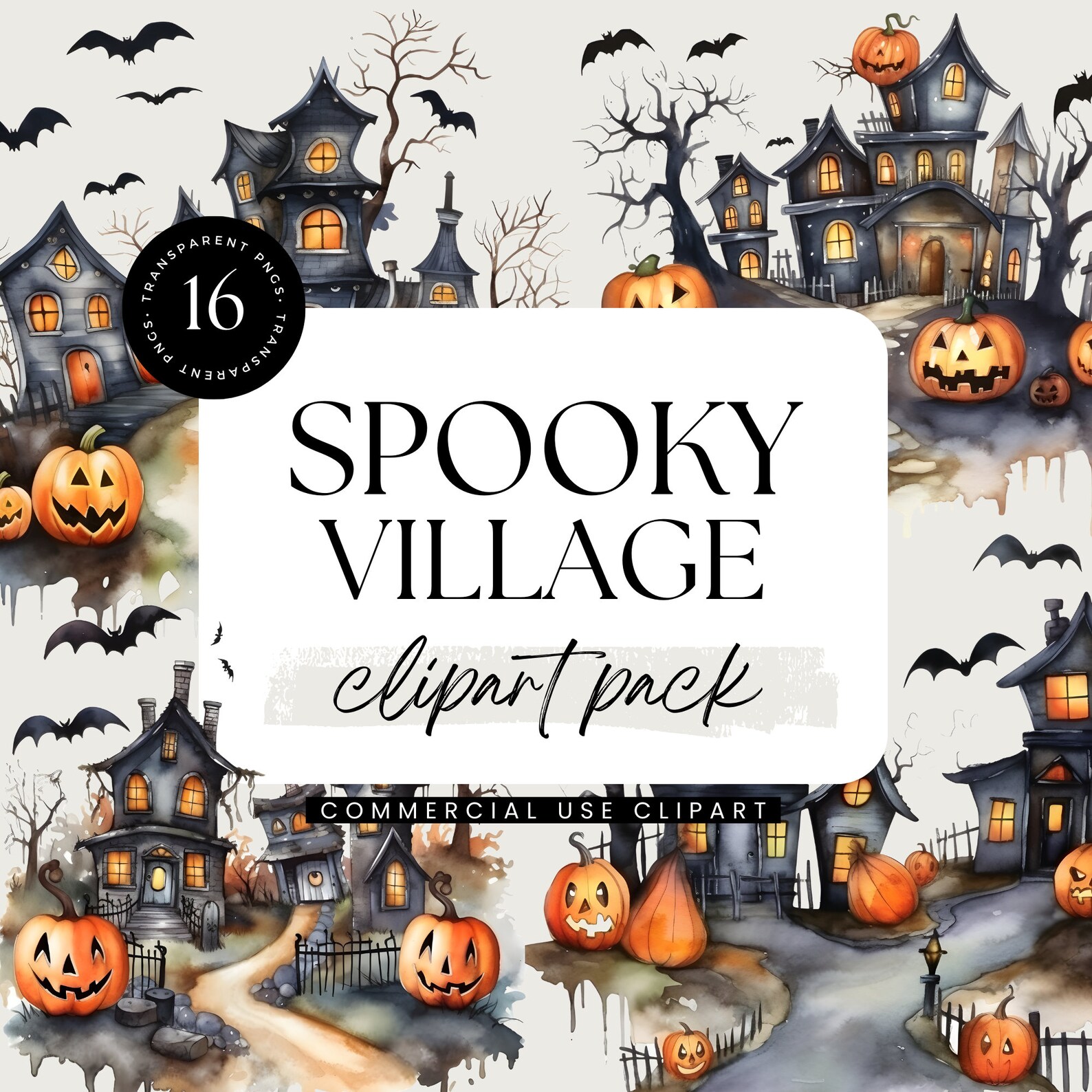 Haunted House Watercolor Clipart Pack, Halloween Clipart PNG ...