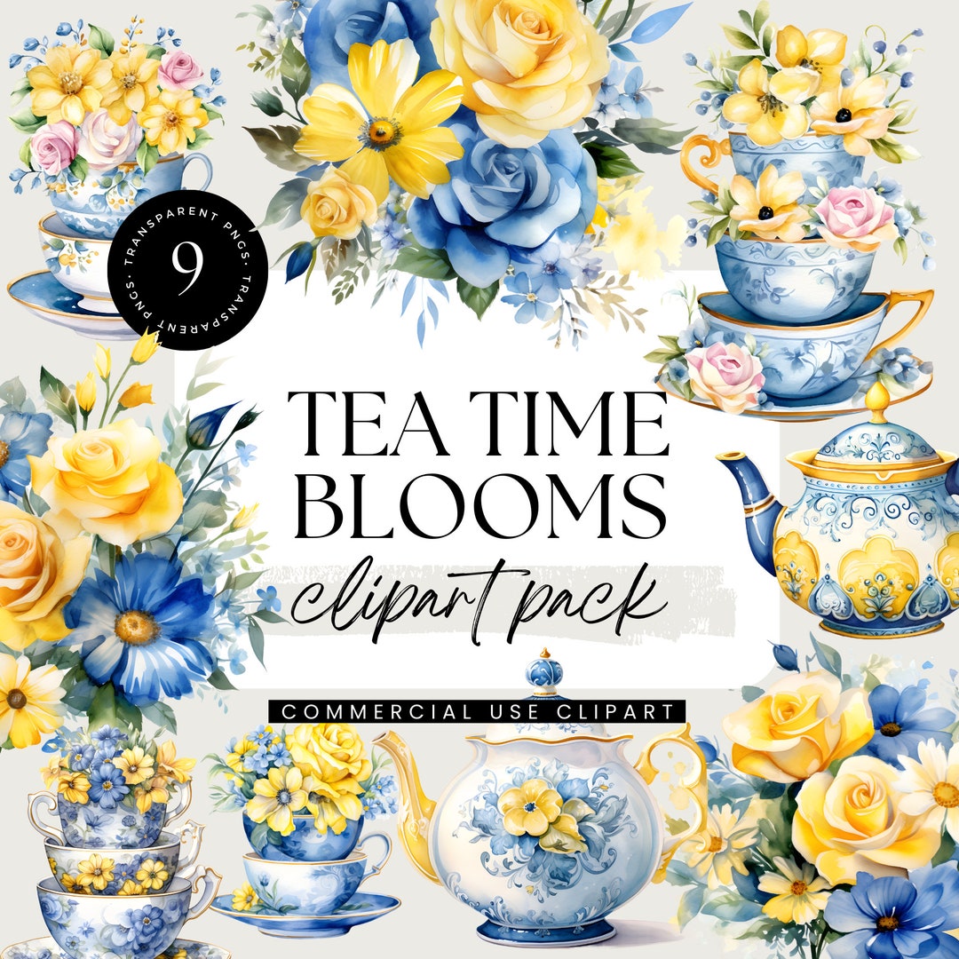 Royal Blue Floral Tea Set Clipart Pack, Tea Party Graphics PNG, Floral ...
