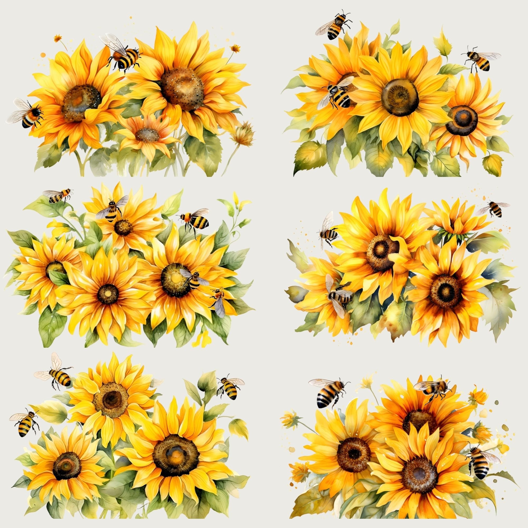 Bees and Sunflowers Clipart, Watercolor Clipart Pack, Transparent Pngs ...