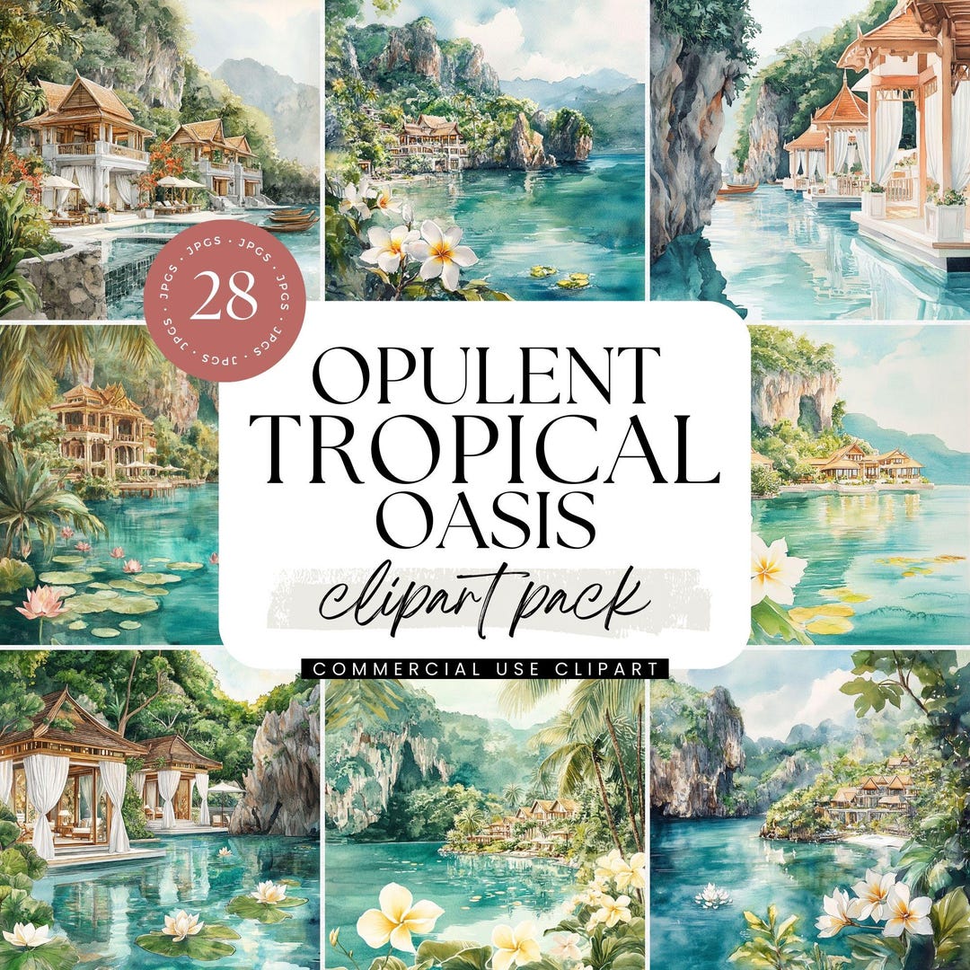 Opulent Tropical Resort Clipart Pack, Watercolor Graphics JPEG, Asian ...