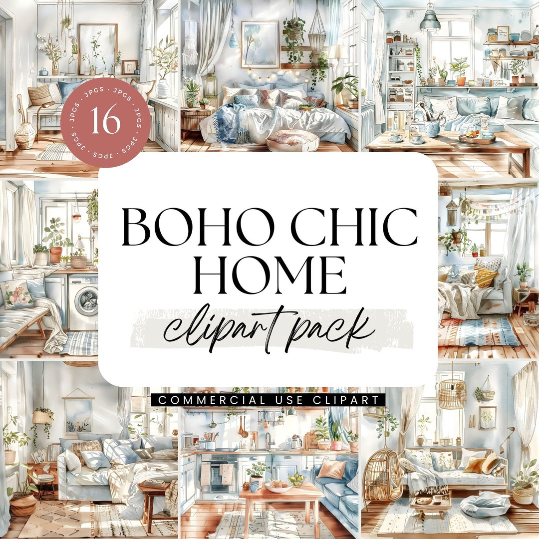 Boho Home Interior Clipart, Cozy Boho Home Decor, Watercolor Clipart ...