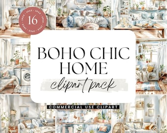 Boho Home Interior Clipart, Cozy Boho Home Decor, Watercolor Clipart ...