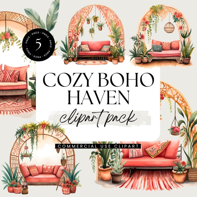 Cozy Boho Home Clipart, Bohemian Home Decor, Watercolor Illustration ...