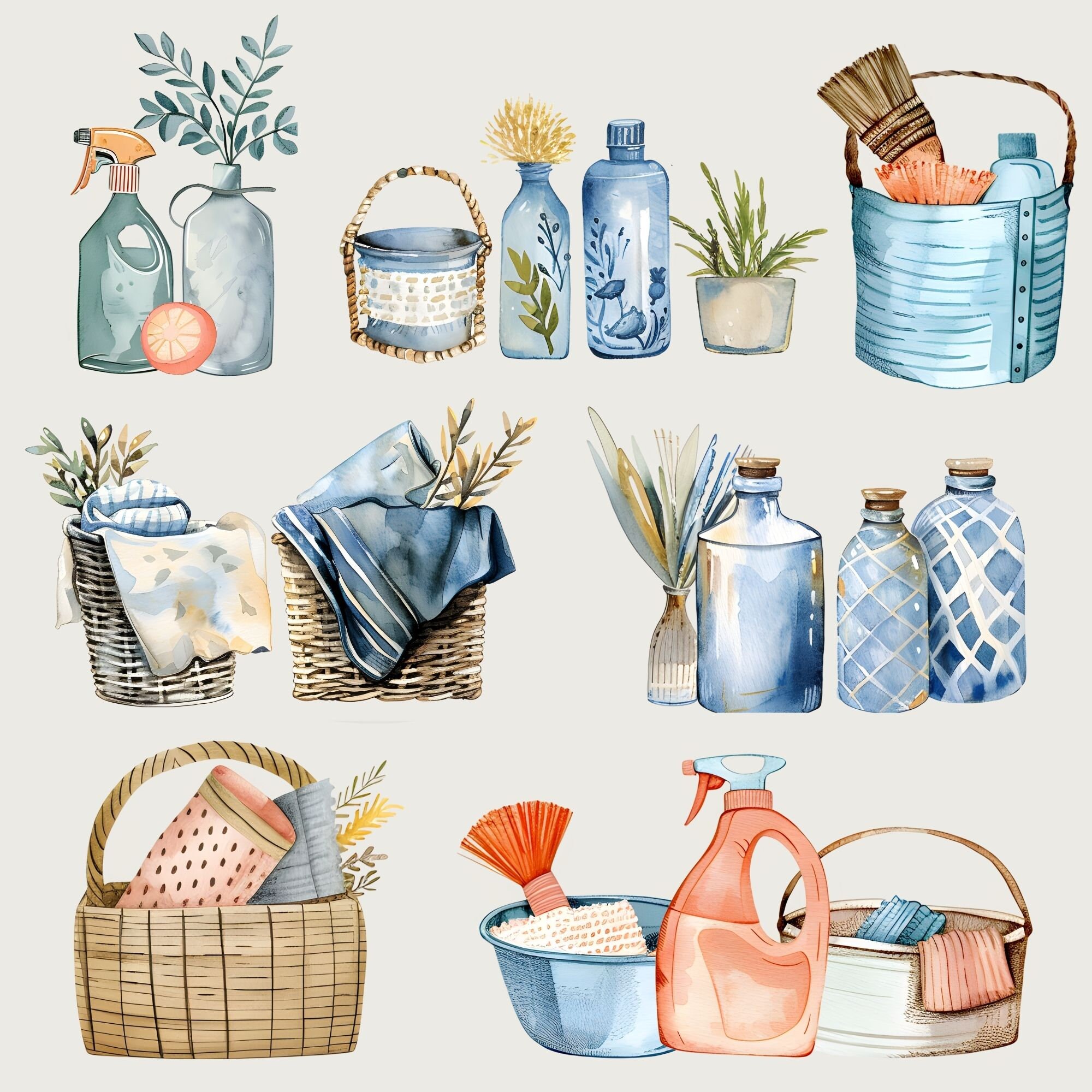 Spring Cleaning Clipart, Watercolor Clipart Pack, Housekeeping ...