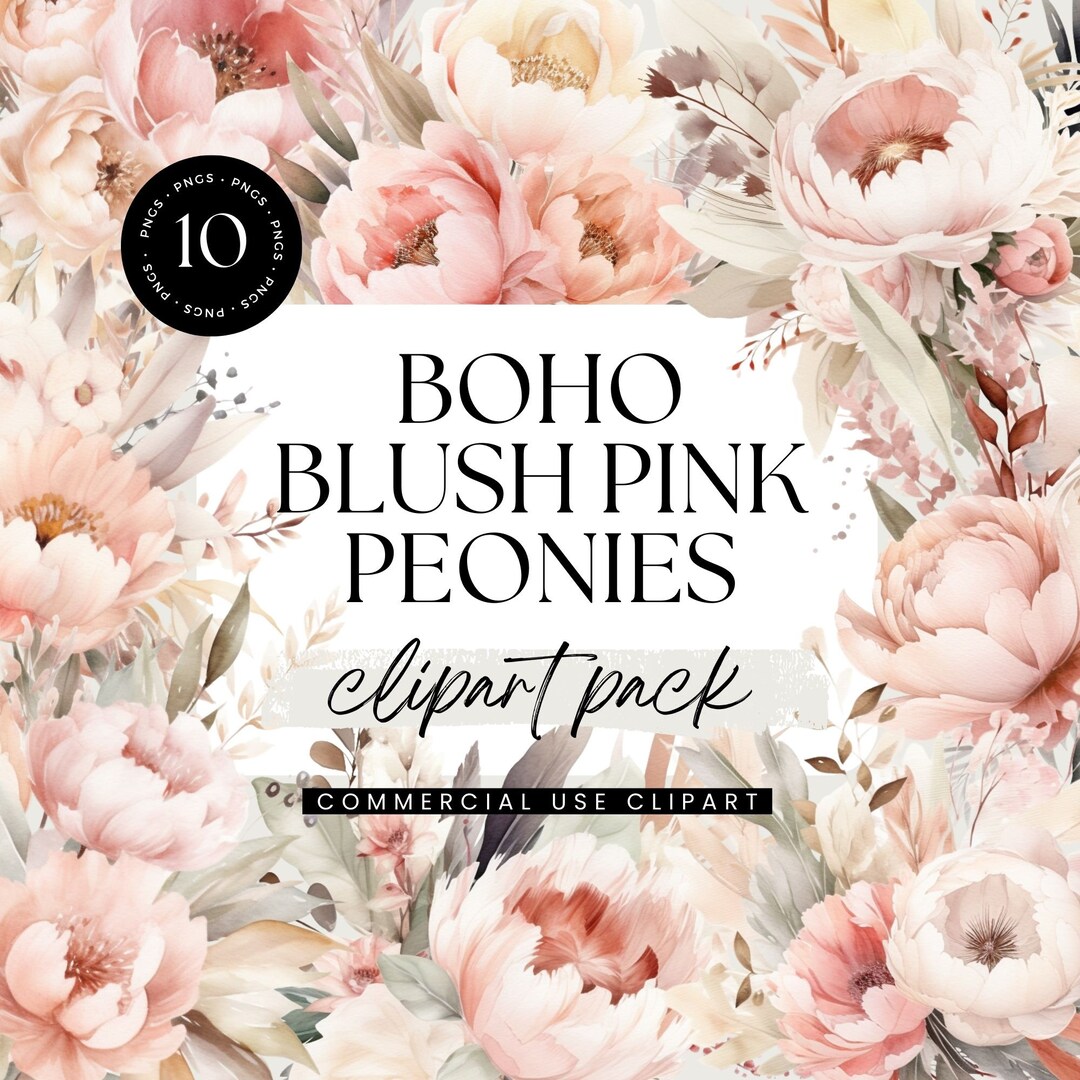 Boho Blush Peonies Clipart, Watercolor Clipart Pack, Transparent Pngs ...