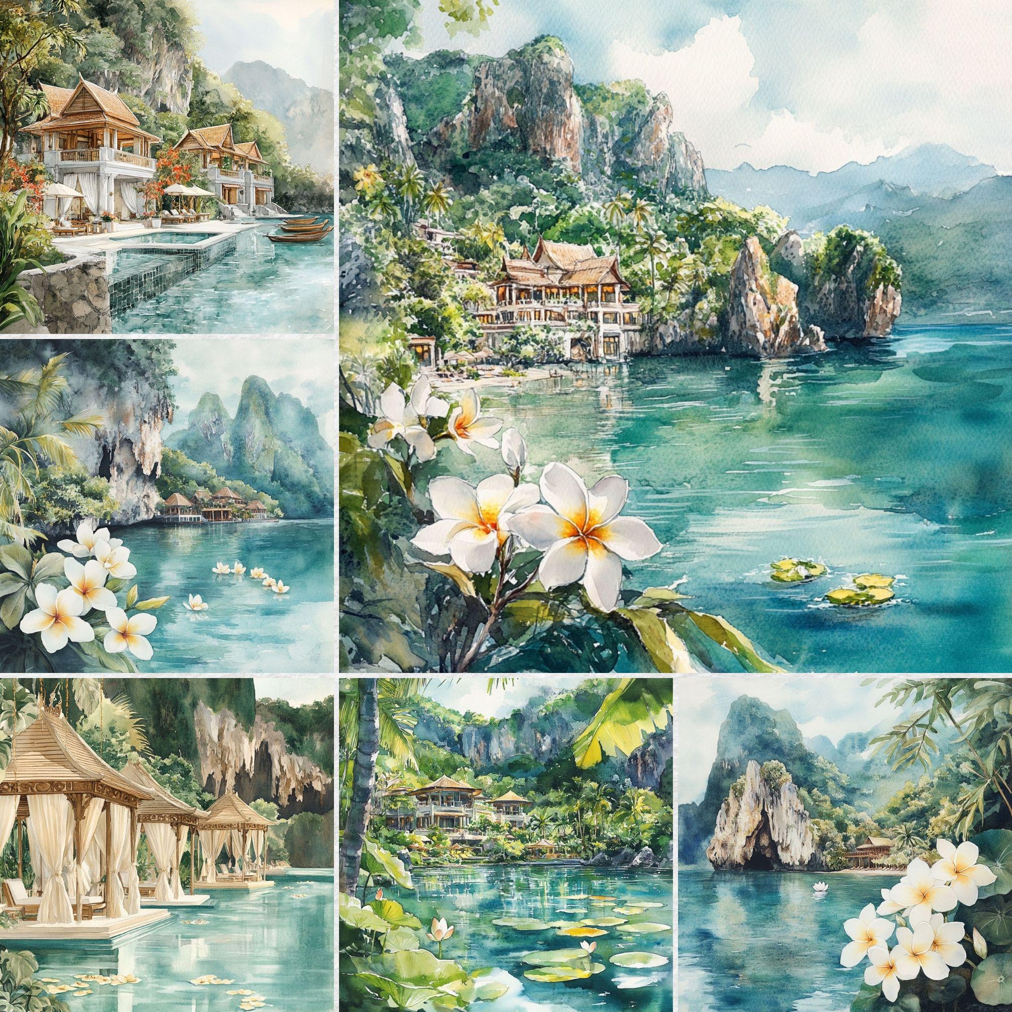 Opulent Tropical Resort Clipart Pack, Watercolor Graphics JPEG, Asian ...