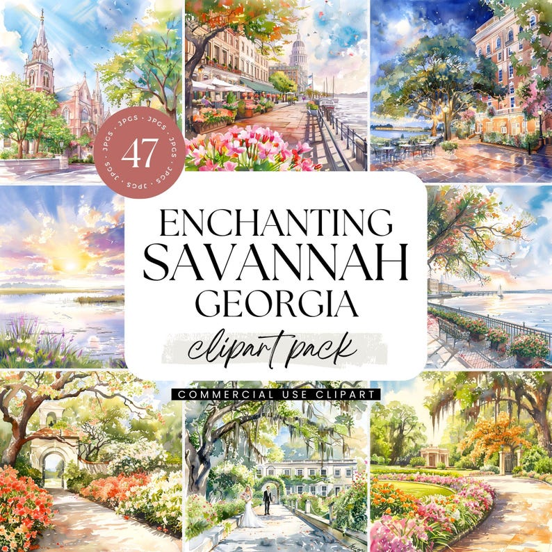 Savannah Georgia Clipart, Watercolor Southern City Illustrations ...
