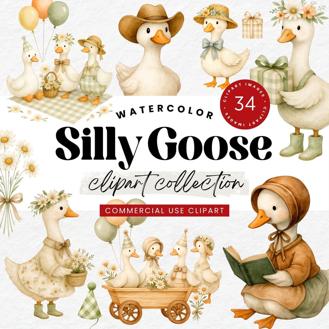 Silly Goose Watercolor Clipart, Cute Goose PNG Bundle, Farm Animal Clip ...