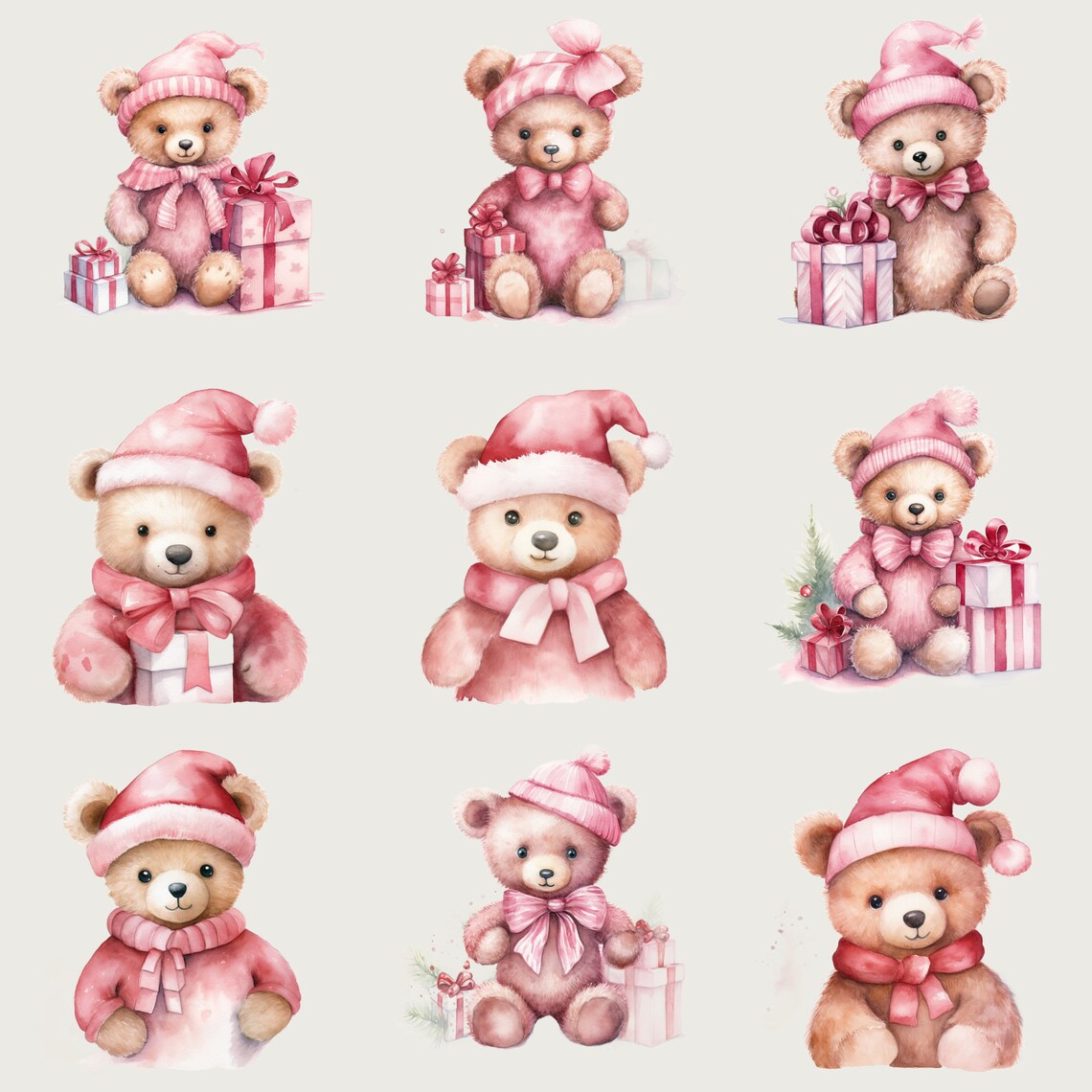 Pink Christmas Teddy Bear, Watercolor Clipart Pack, Christmas Graphics ...
