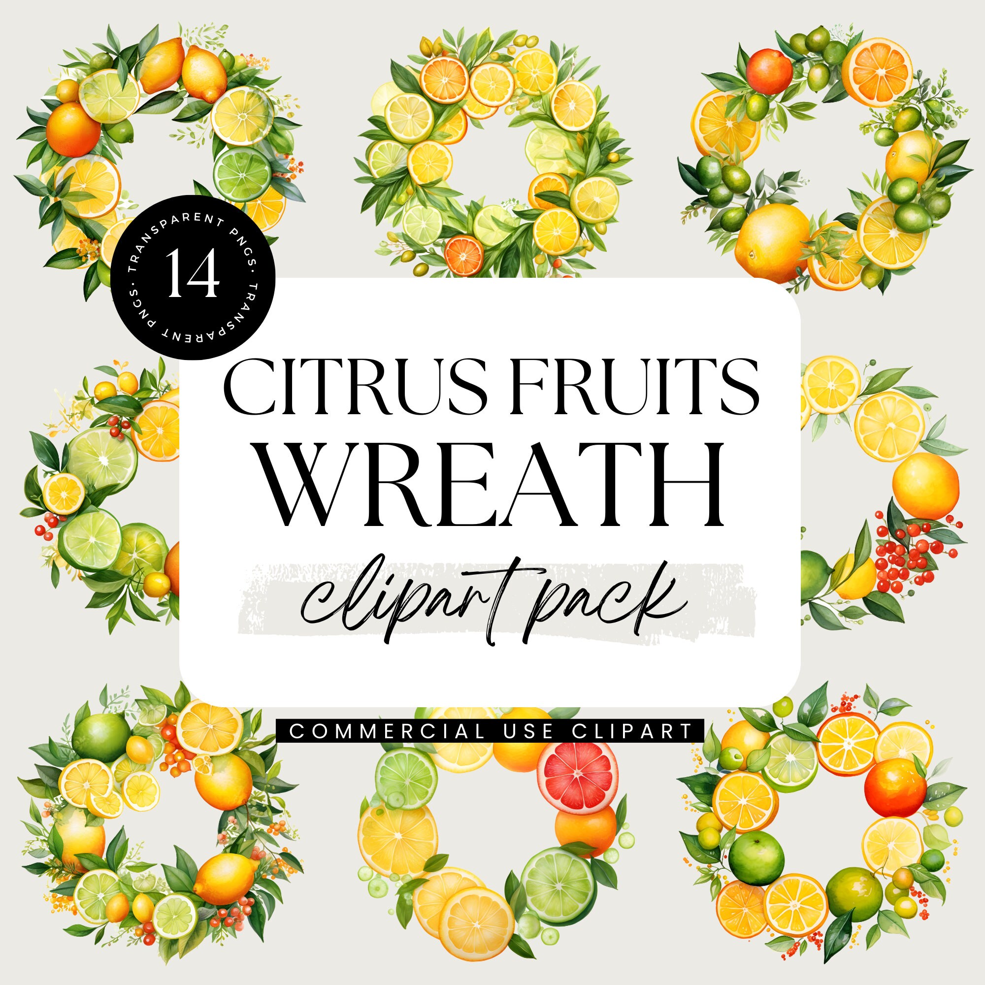 Watercolor Citrus Fruits Wreath Clipart Pack, Transparent Pngs ...