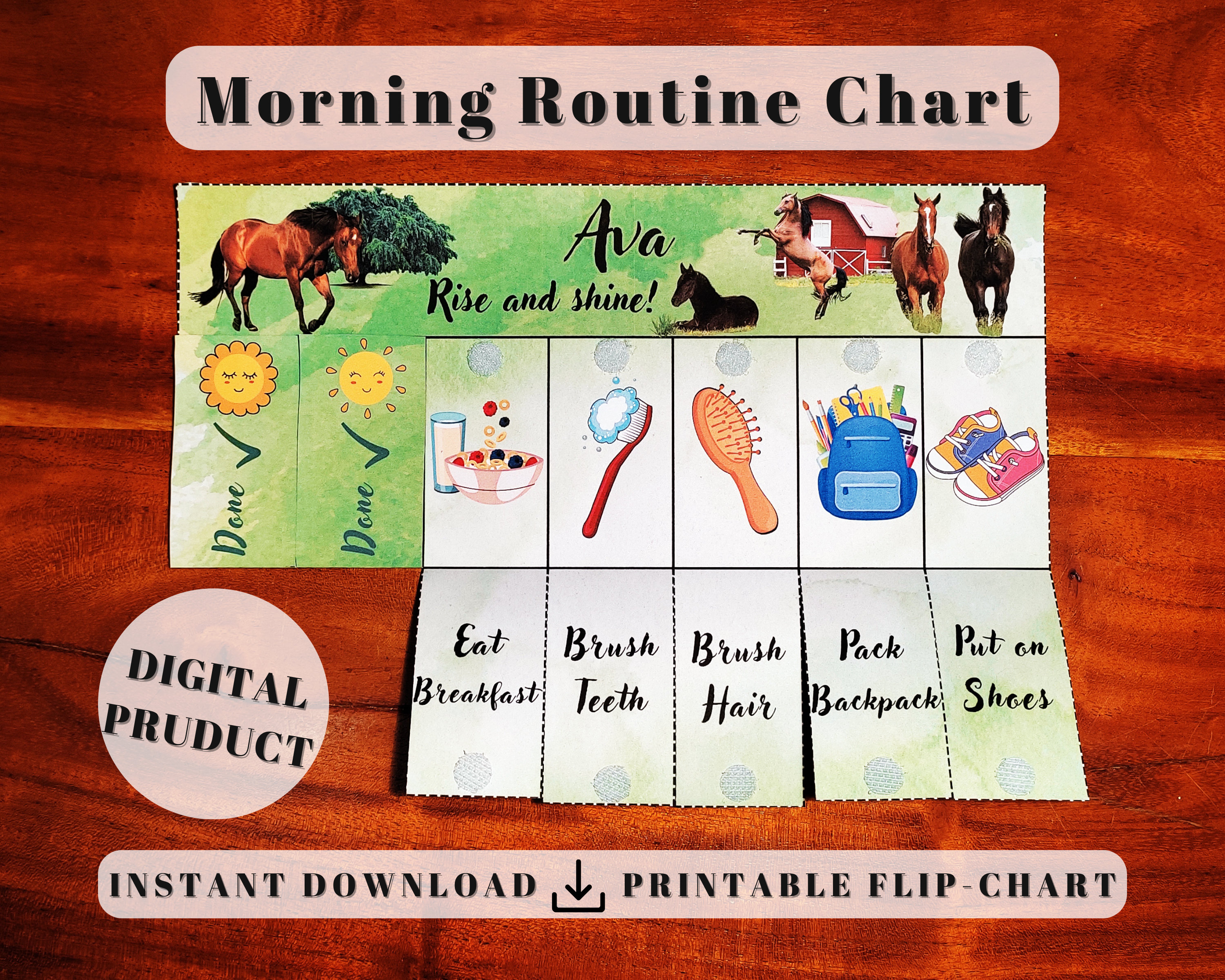 Horse Morning Routine Chart, Printable Flip Chore Chart for Kids Daily ...