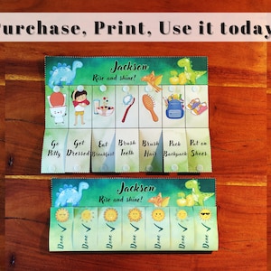 Dino Morning Routine Chart, Printable Folding, Flip Chore Chart for ...