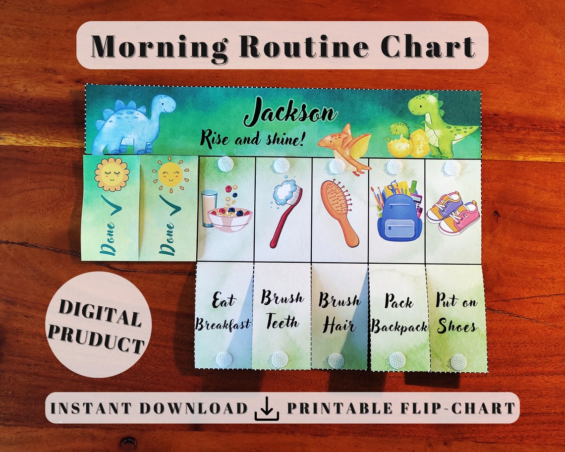 Dino Morning Routine Chart, Printable Folding, Flip Chore Chart for Kids Daily Ready Before ...