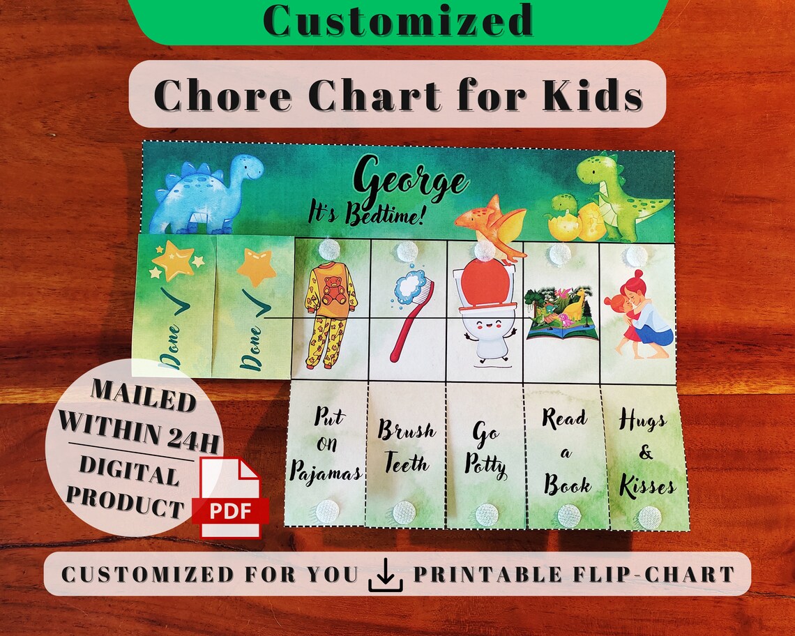 Dino Customized Chore Chart for Kids, Printable Folding, Flip Chart ...