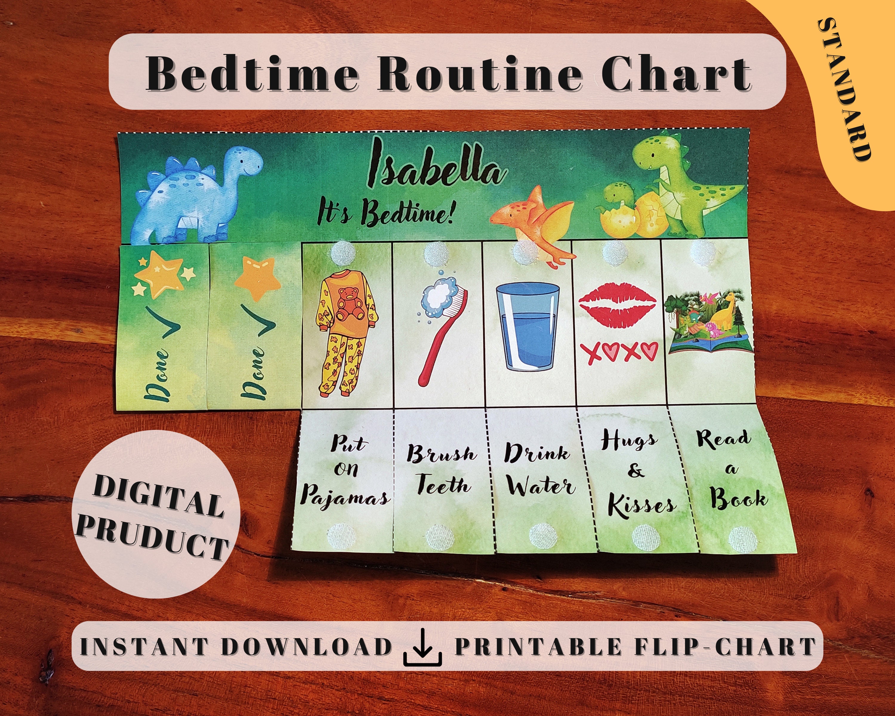 Dino Bedtime Chore Chart for Kids standard, Toddler Dinosaur Bedding ...