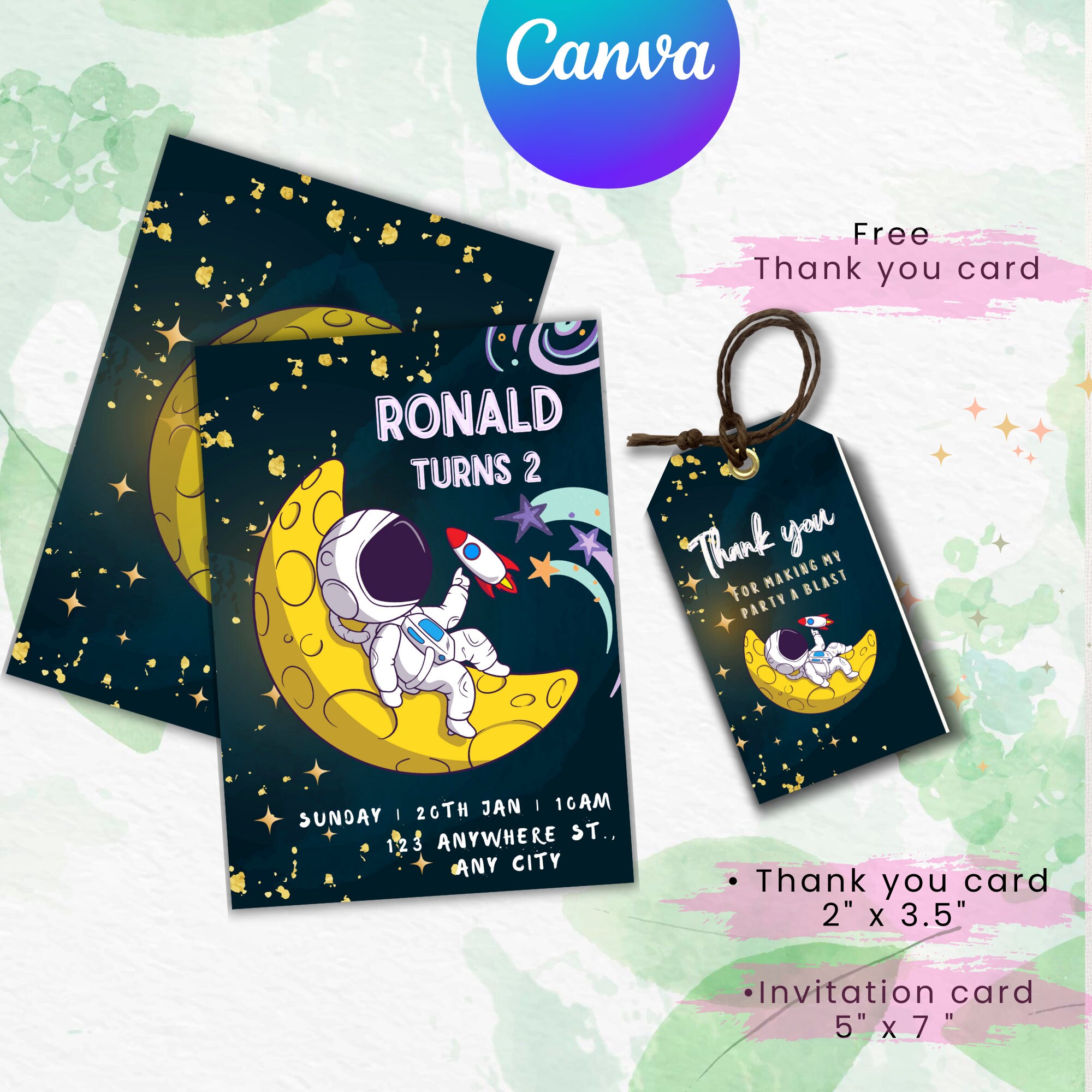 Space Birthday Invitation Card Template Thank You Card Digital Card ...