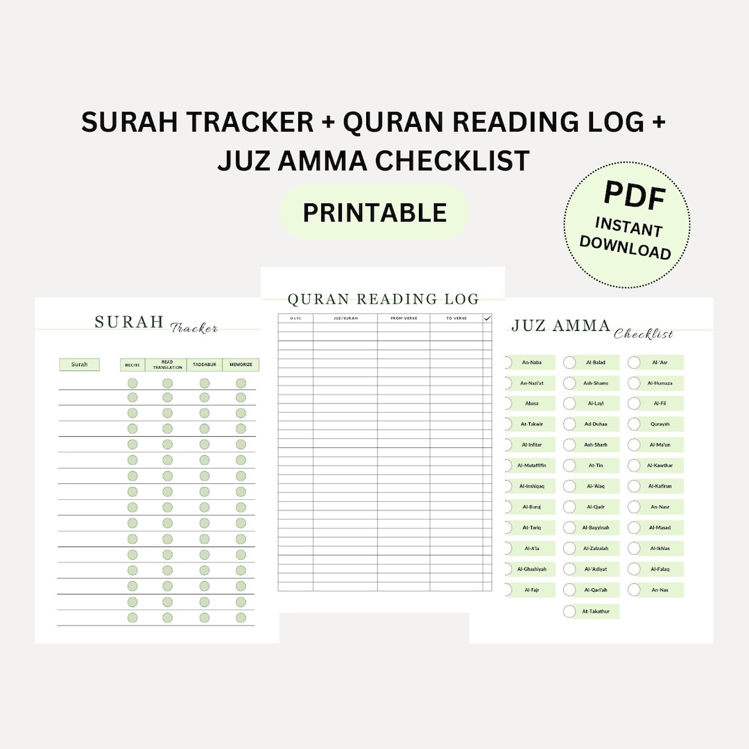 Surah Tracker, Quran Reading Log, Juz Amma Checklist, Muslim Planner ...