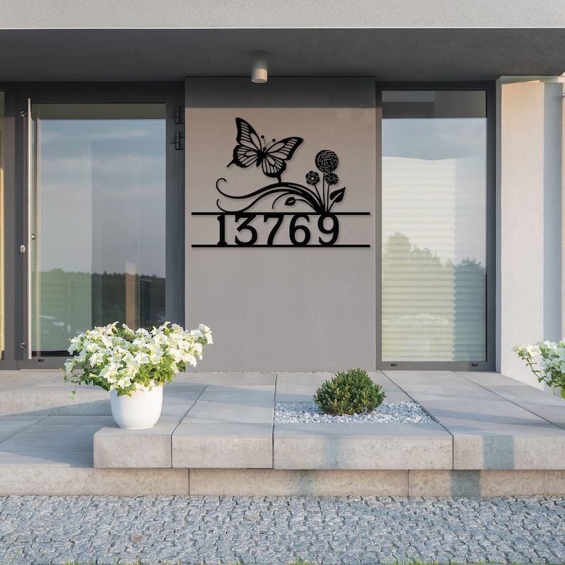 Butterfly With Flowers Custom House Number Sign, Custom Metal Sign ...