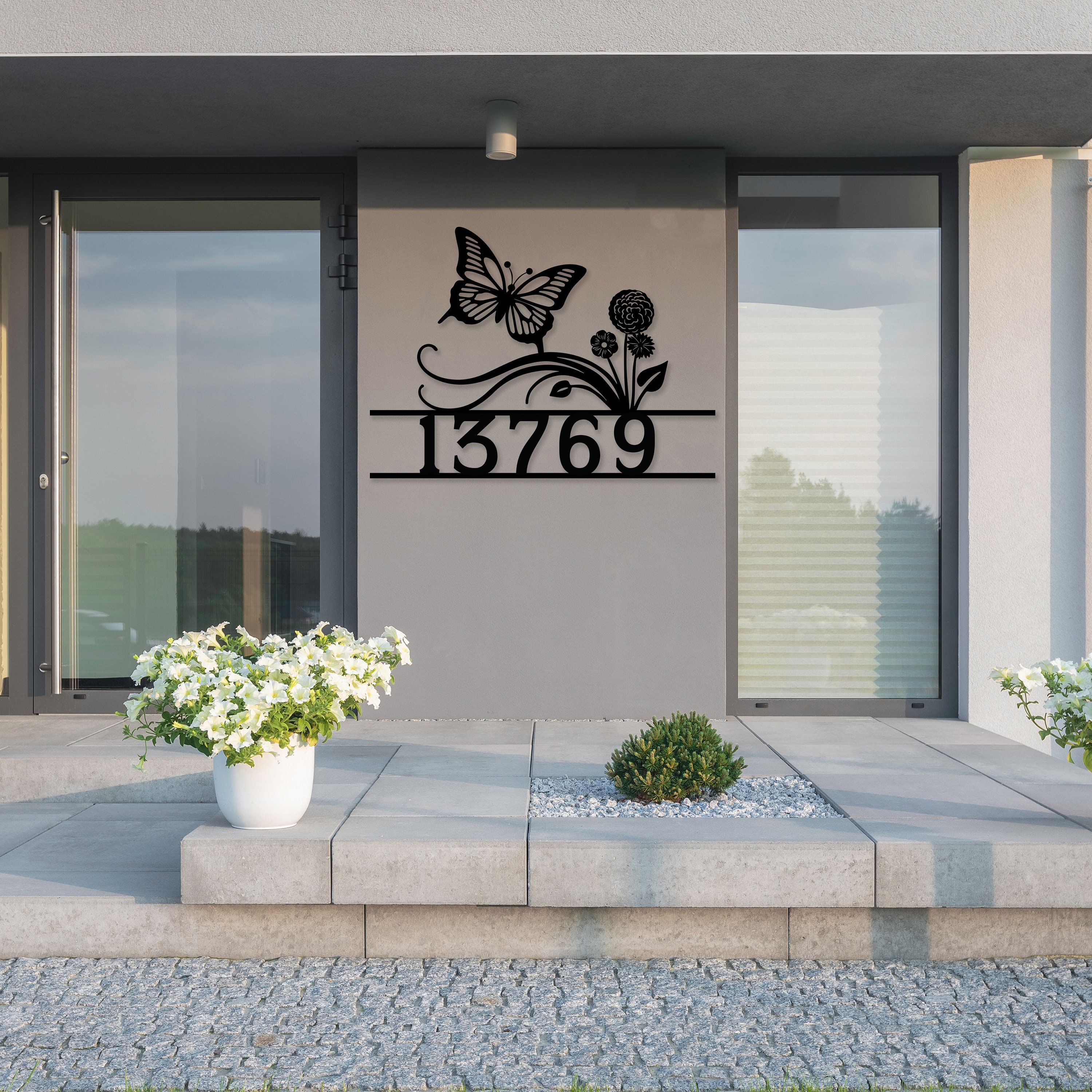 Butterfly With Flowers Custom House Number Sign, Custom Metal Sign ...