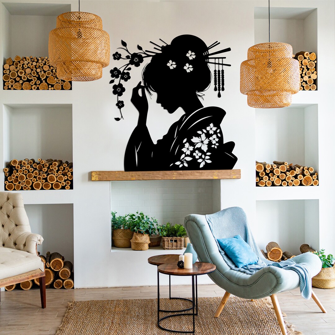 Japanese Geisha Metal Wall Decor, Japanese Girl Metal Wall Art, Bar ...