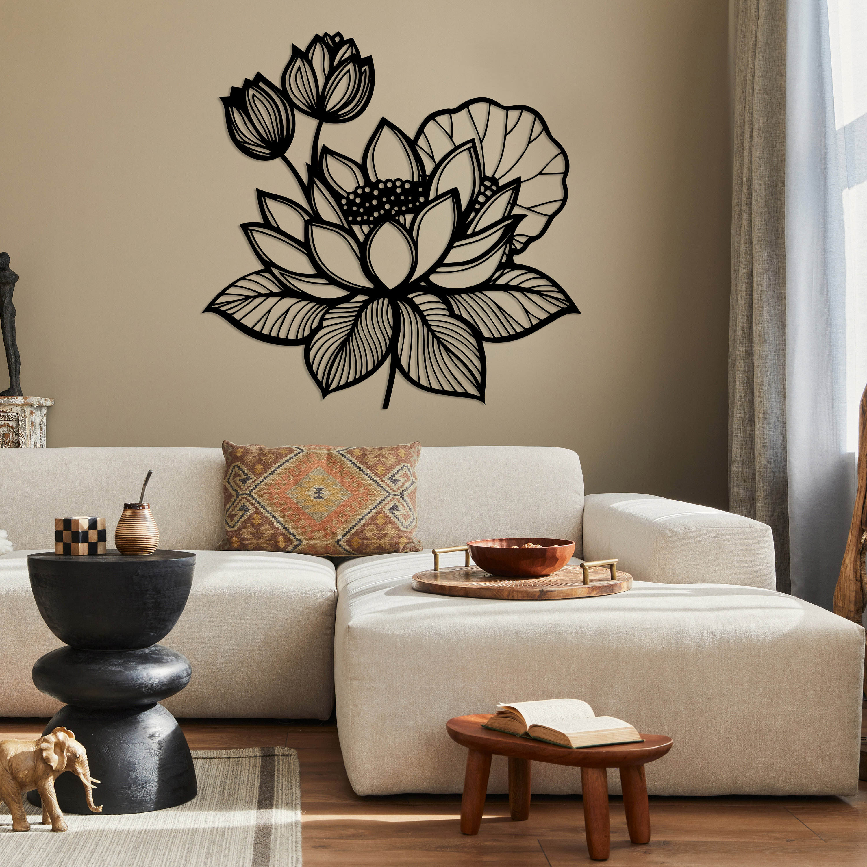 Large Lotus Flower Wall Art, Boho Living Room Decor, Gold Flower Wall ...