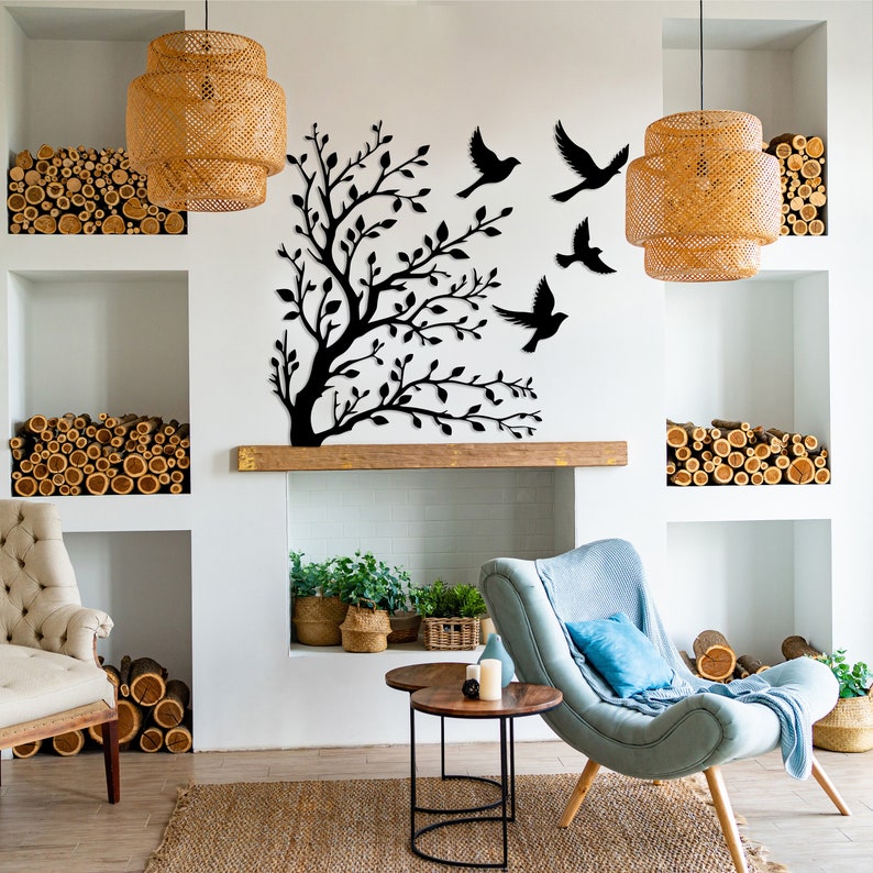 Tree and Birds Metal Wall Decor, Boho Living Room Wall Decor, Modern ...