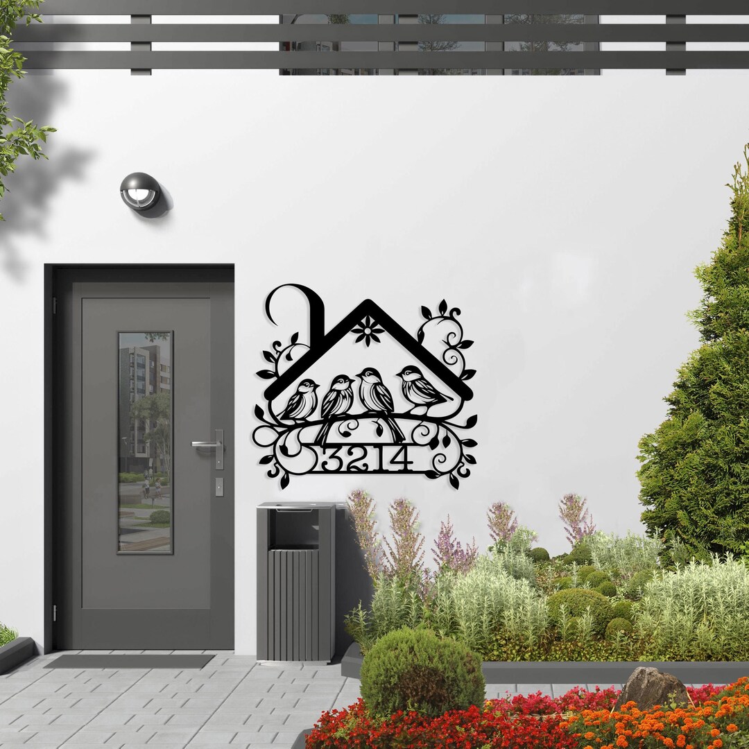 Metal House Number Signs, Cute Birds Wall Decor, Custom Address Sign ...