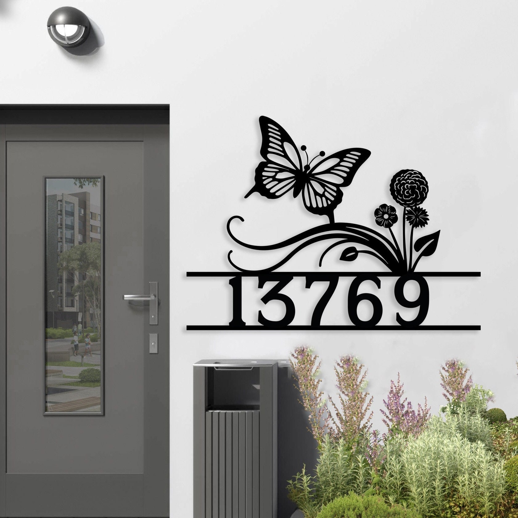 Butterfly With Flowers Custom House Number Sign, Custom Metal Sign ...