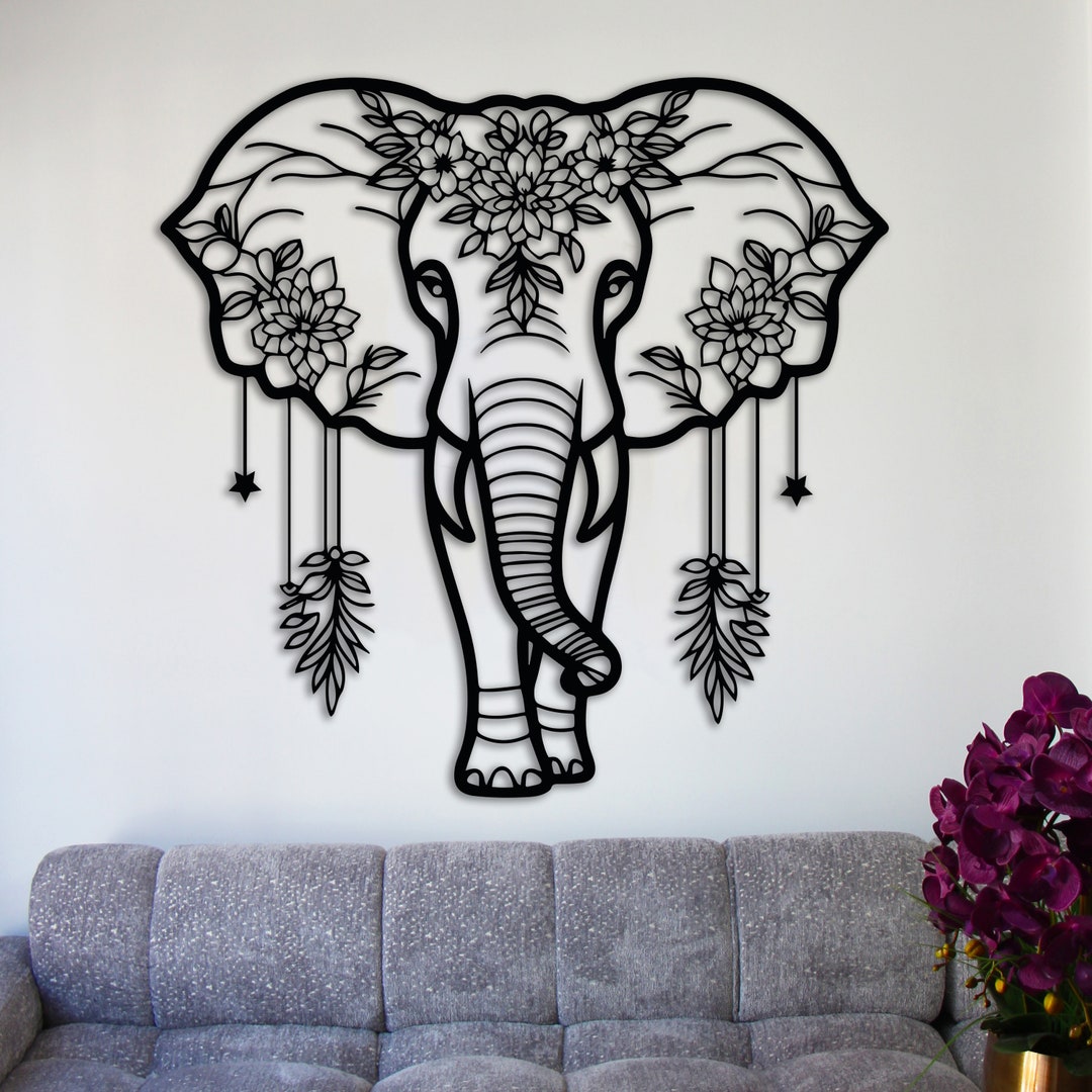 Floral Elephant Decor for Living Room, Boho Room Decor, Metal Elephant ...
