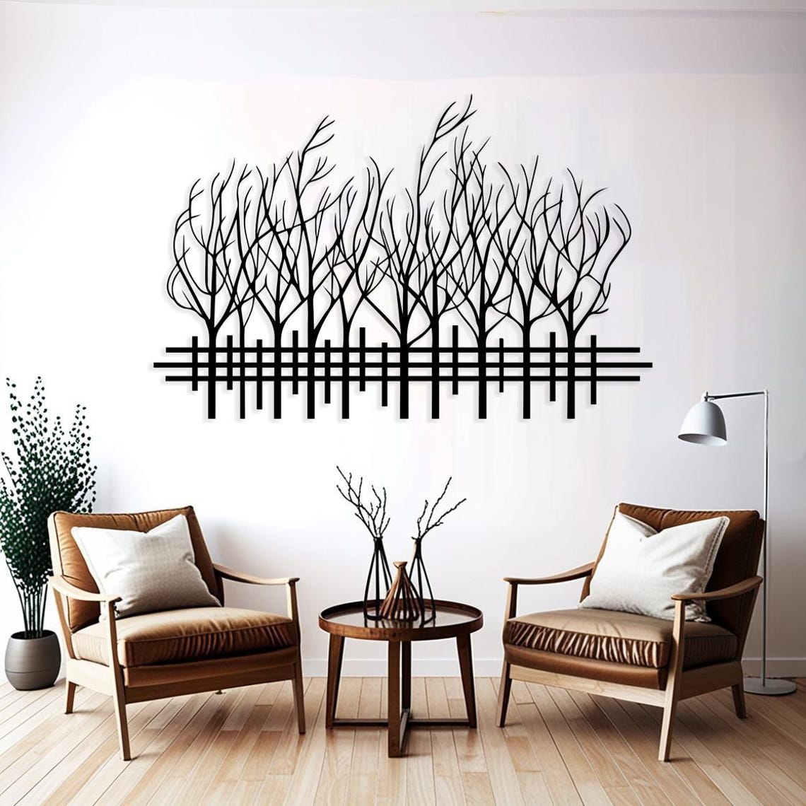 Modern Tree Line Metal Wall Art, Horizontal Living Room Wall Decor ...