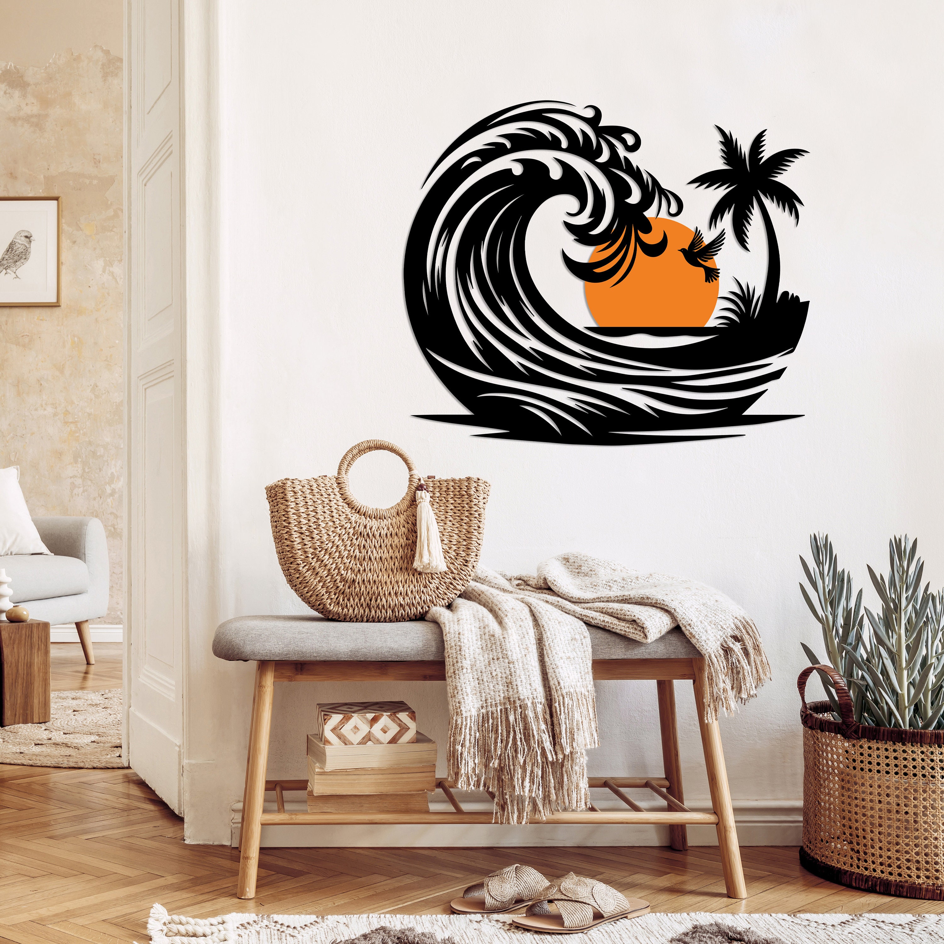 Sun and Ocean Wave Metal Wall Art, Multi Color Tropical Wall Art, Beach ...