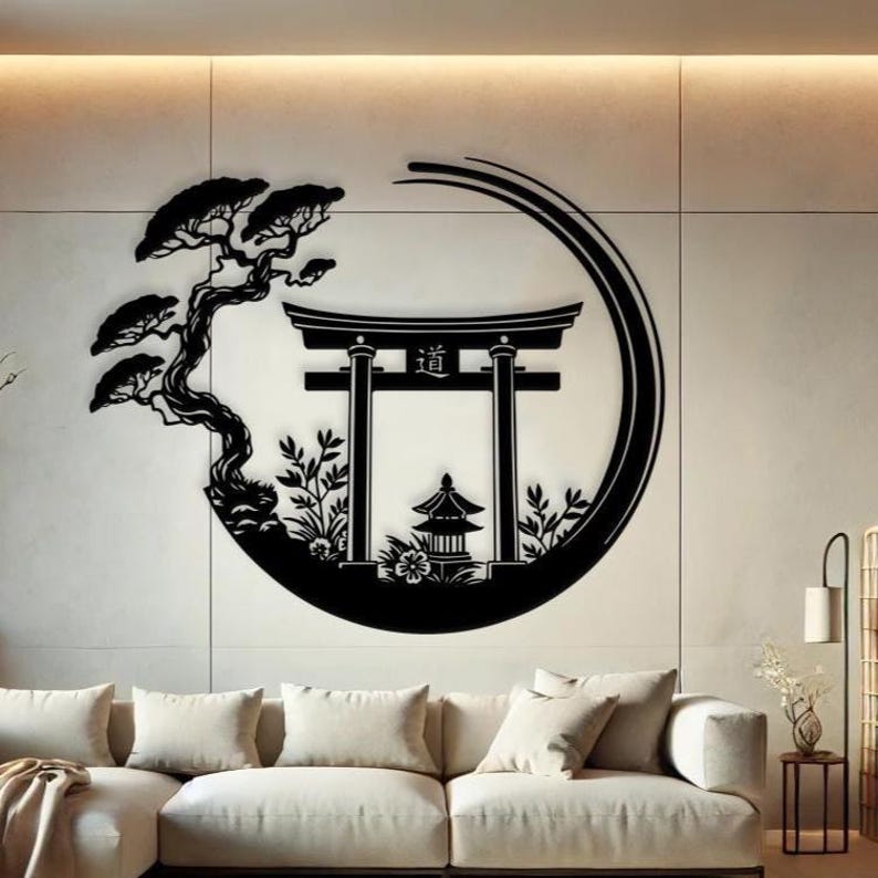 Enso Circle With Torii Gate Metal Wall Decor, Japanese Bedroom Decor ...