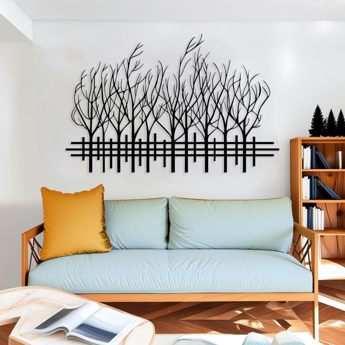 Modern Tree Line Metal Wall Art, Horizontal Living Room Wall Decor ...
