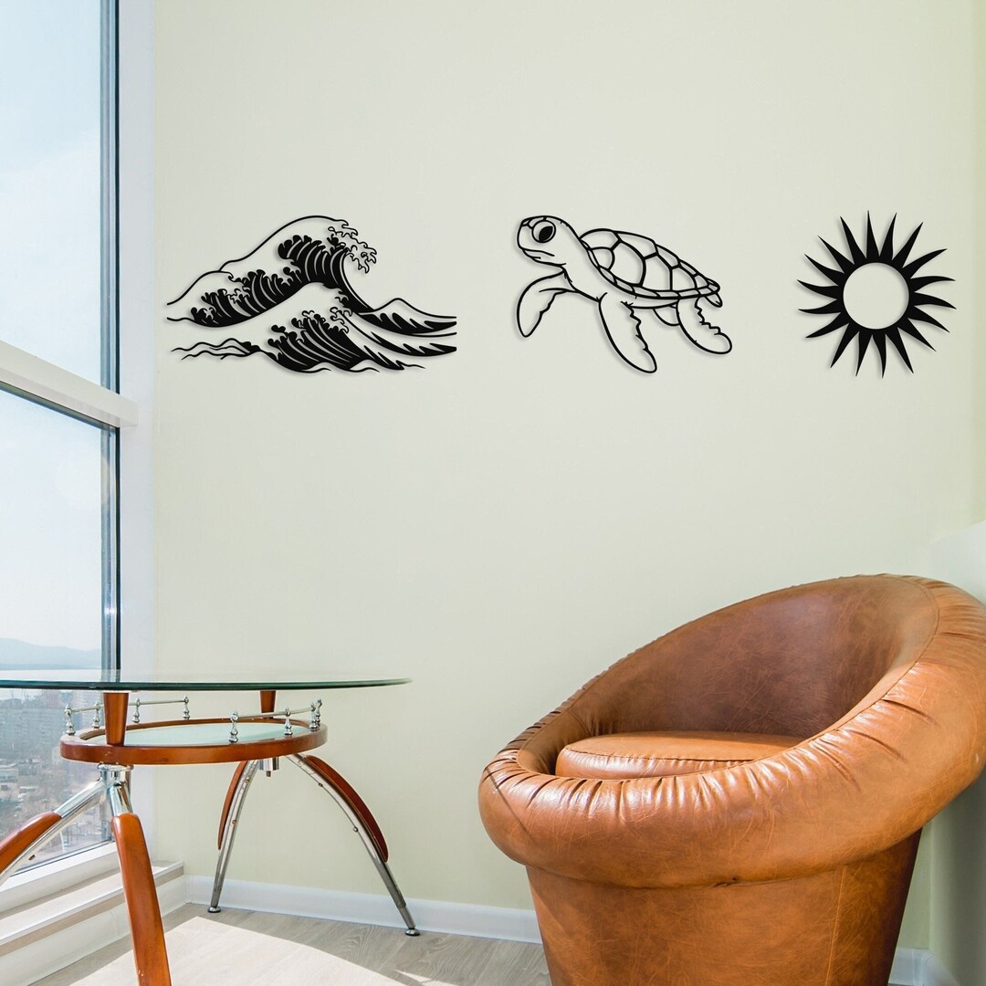 Ocean Wave Sea Turtle Sun Wall Art, Beach House Wall Decor, Nautical ...