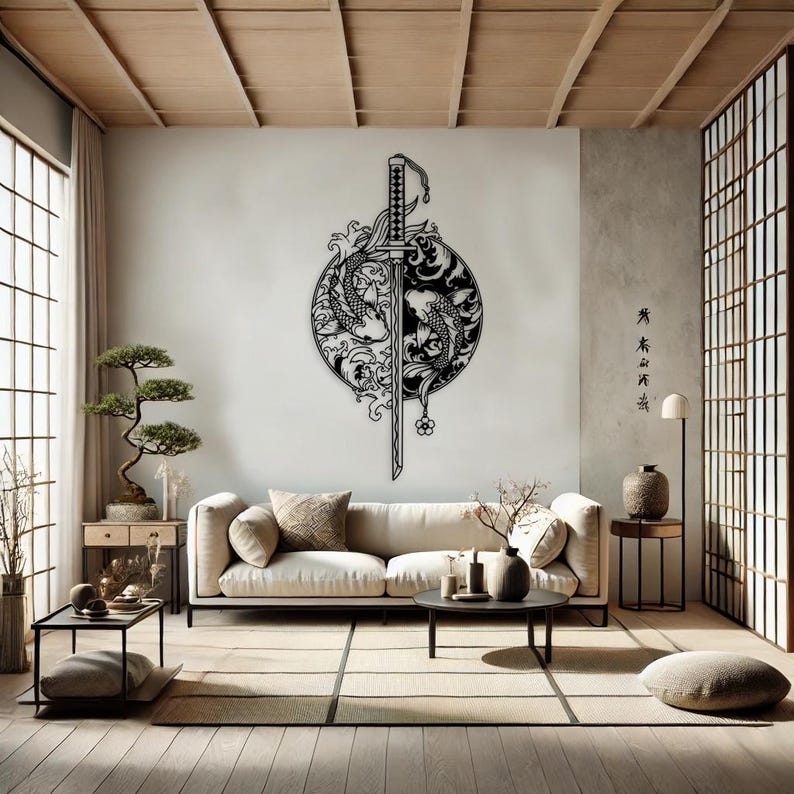 Samurai Sword Metal Wall Art, Koi Fish Wall Decor, Japanese Home Decor ...