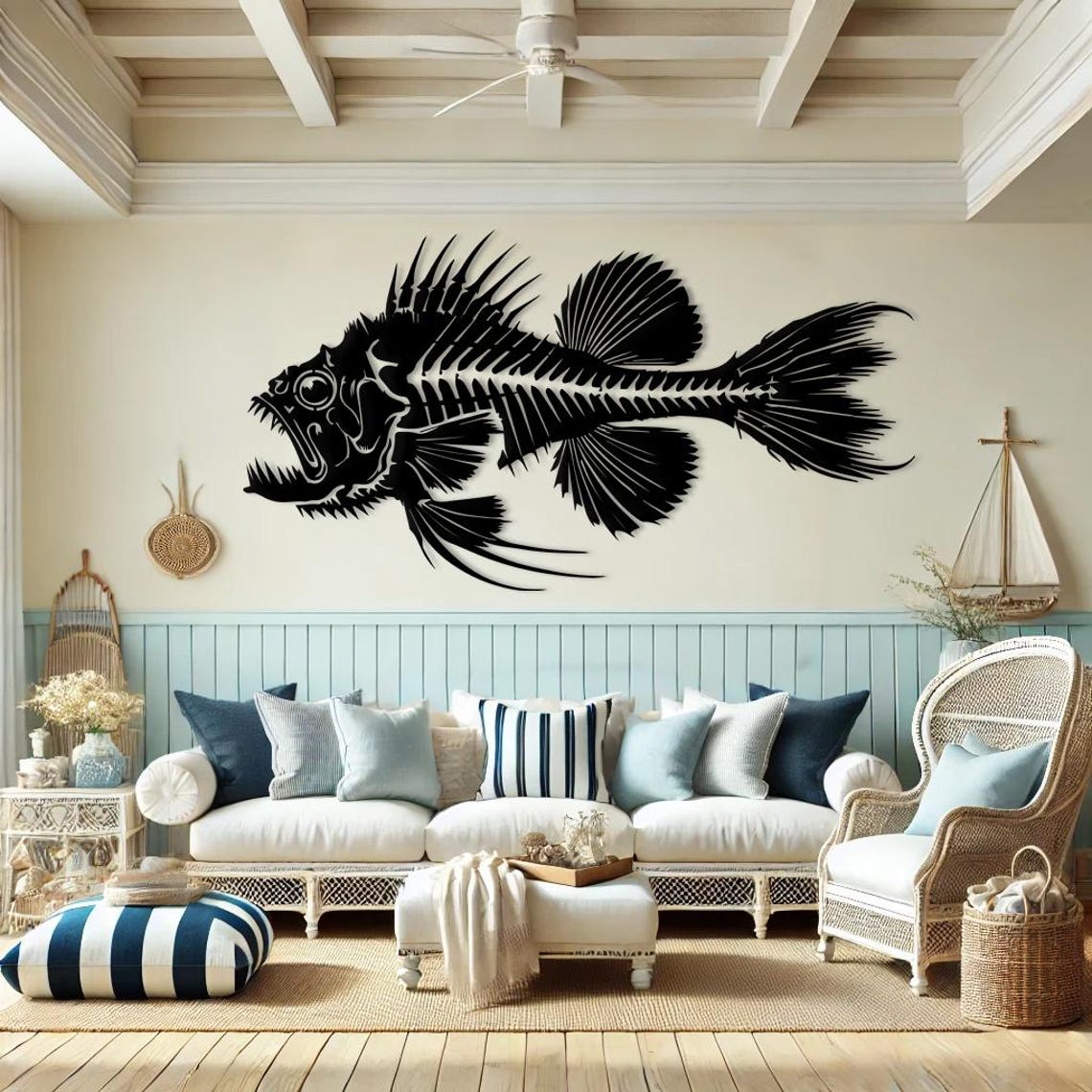 Giant Fishbones Metal Wall Art, Nautical Bathroom Decor, Beach House ...