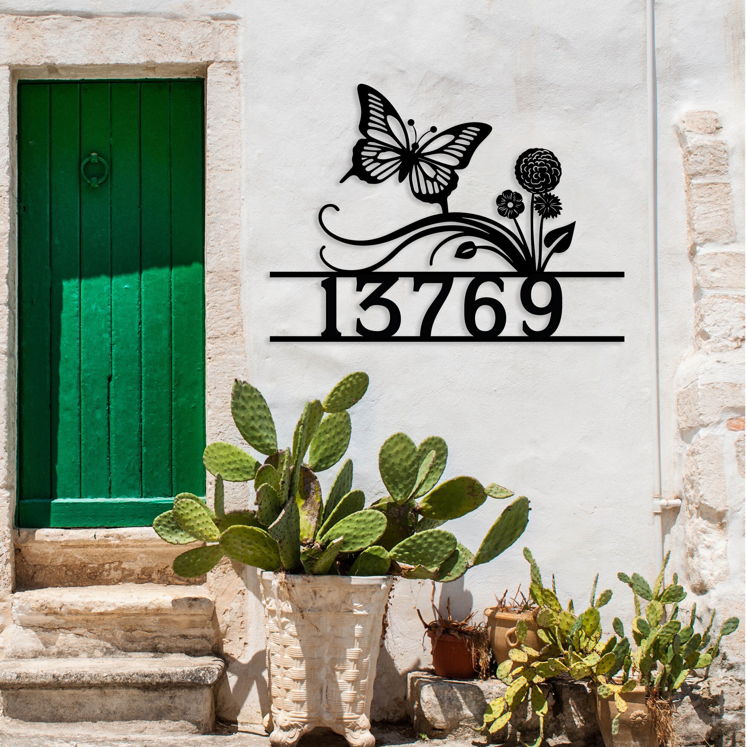 Butterfly With Flowers Custom House Number Sign, Custom Metal Sign ...