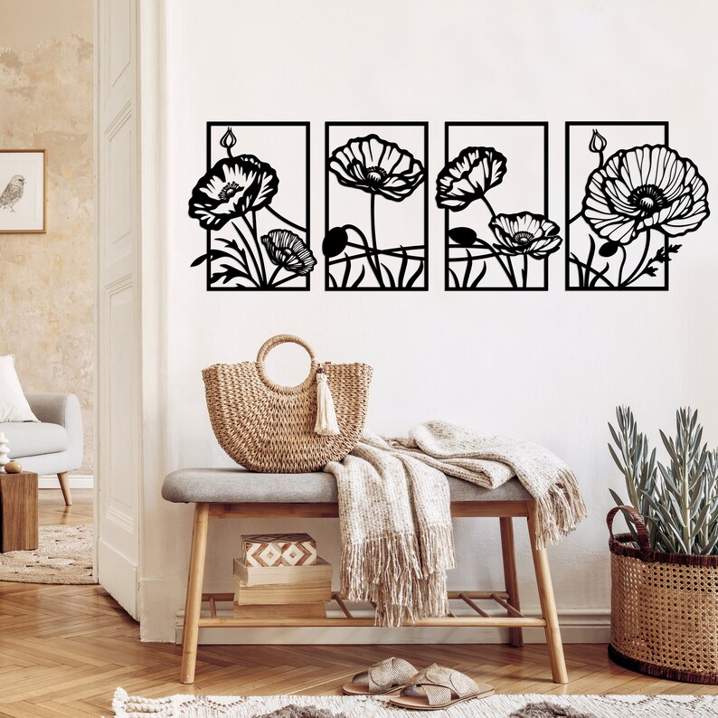 Metal Poppy Wall Art, Red Poppy Decor, Boho Wall Decor Living Room ...