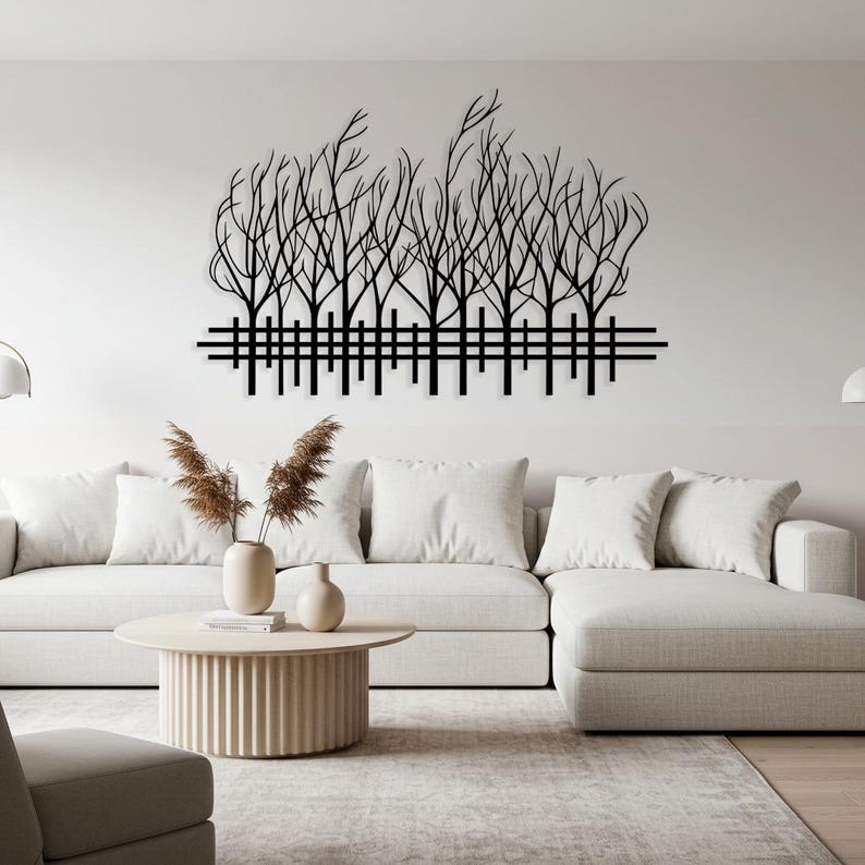 Modern Tree Line Metal Wall Art, Horizontal Living Room Wall Decor ...