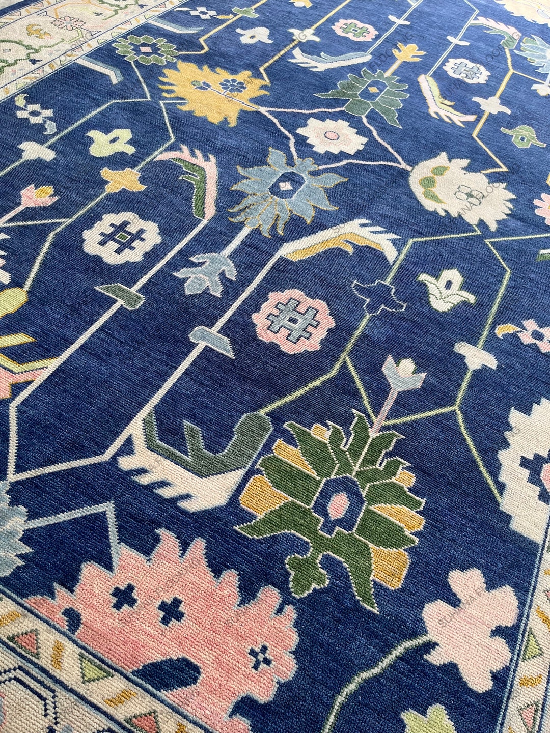 9x10 Blue/beige Oushak Rug, Blue Turkish Rug With Pink Accent, Beige ...