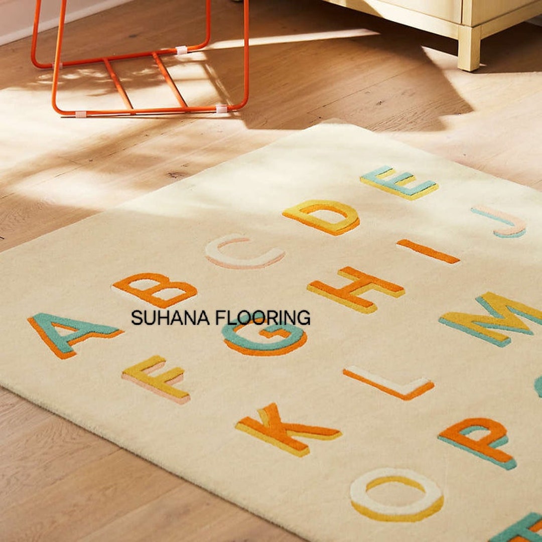 Alphabet A to Z Cream Area for Kids Rug Hand-tufted 100% Wool Handmade ...
