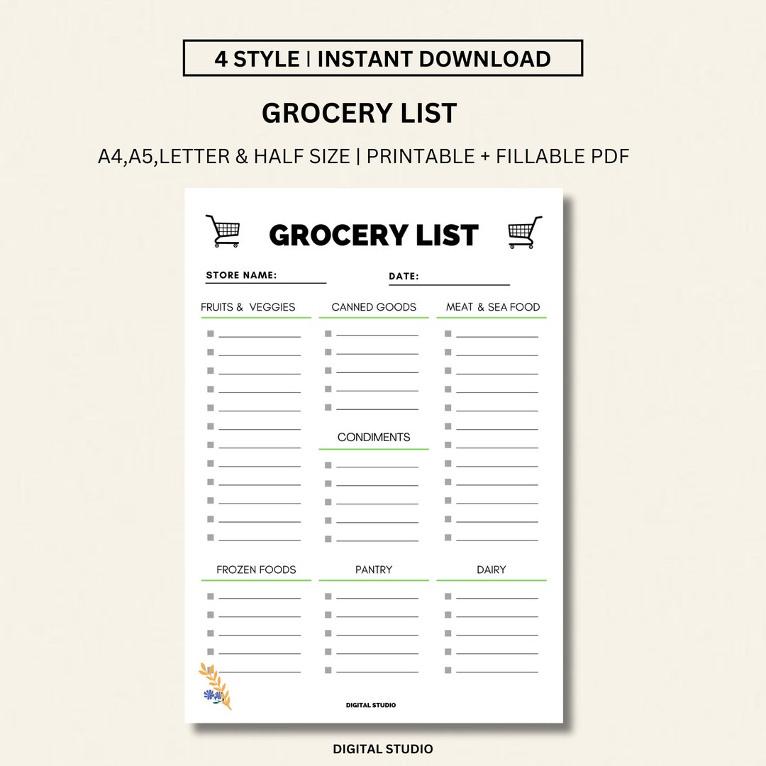 Grocery List Printable Template, Food Shopping List, Digital Grocery ...