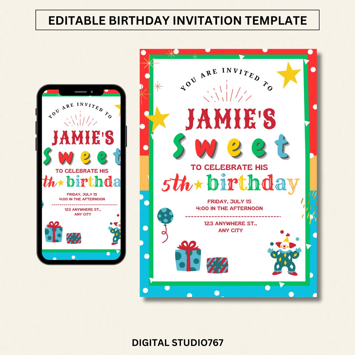 Joker Birthday Invitation Template, Gift Birthday Card, Editable ...