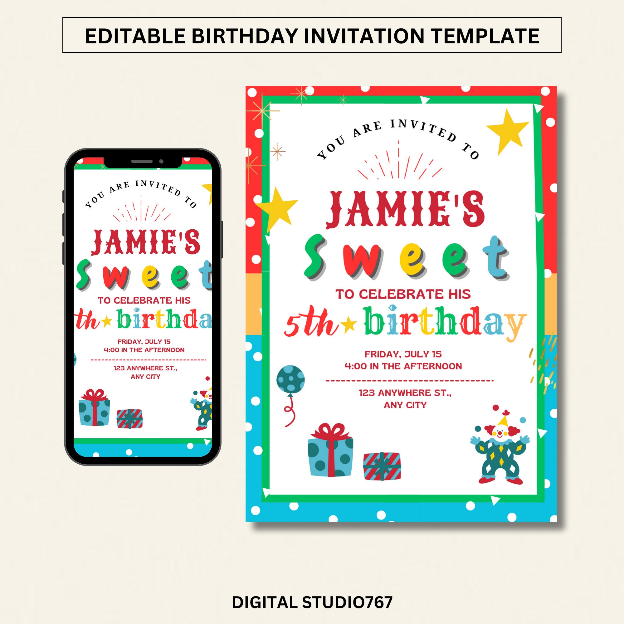 Joker Birthday Invitation Template, Gift Birthday Card, Editable ...